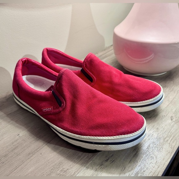 CROCS | Shoes | Crocs Mens Size 8 Red Canvas Slip On Loafers Mens Sz 2 ...